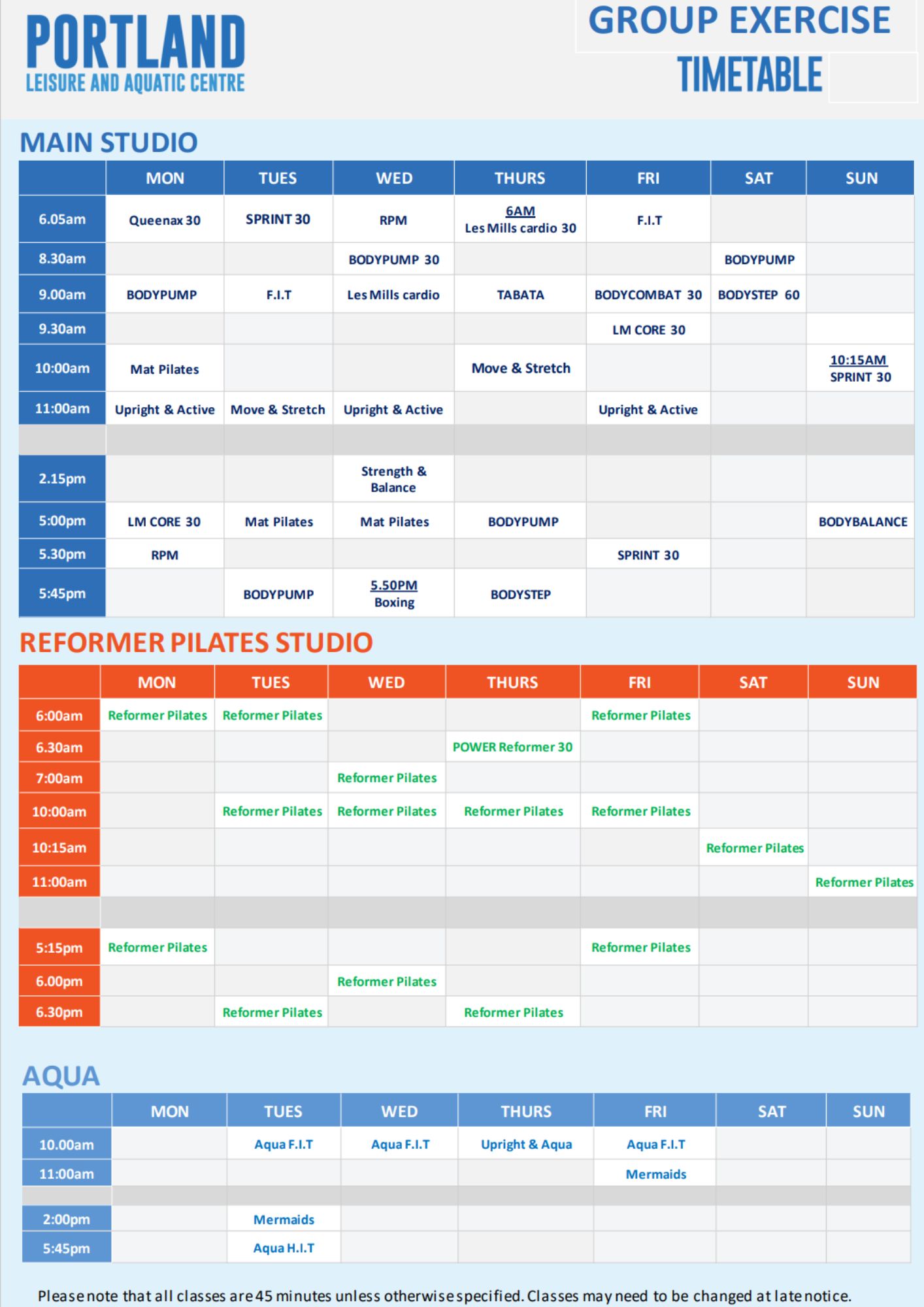 Timetables - Portland Leisure & Aquatic Centre